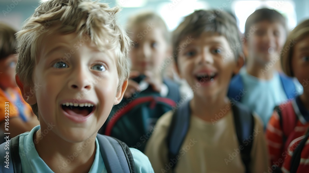 co-ed elementary school children excited for first day of class Stock ...