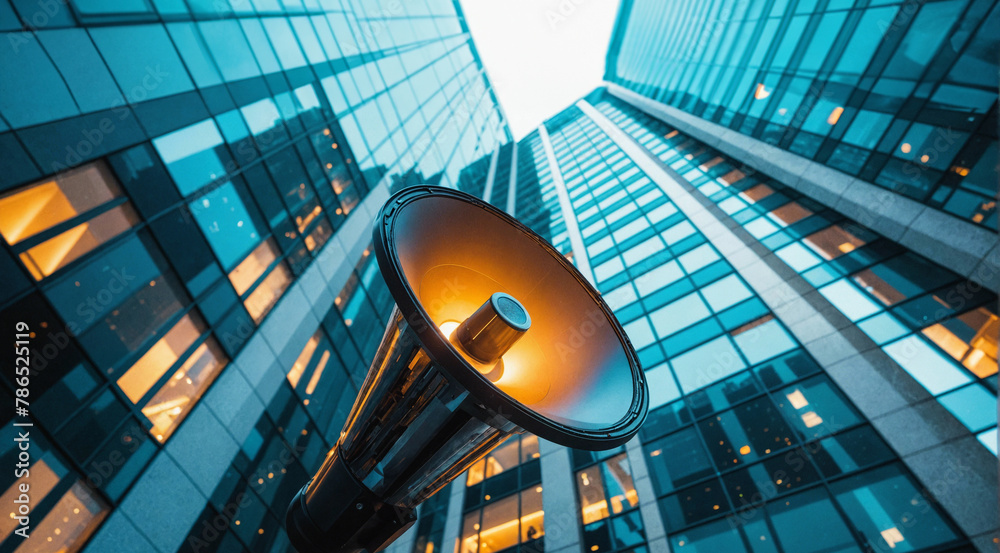 Large megaphone standing between office, corporate buildings ...