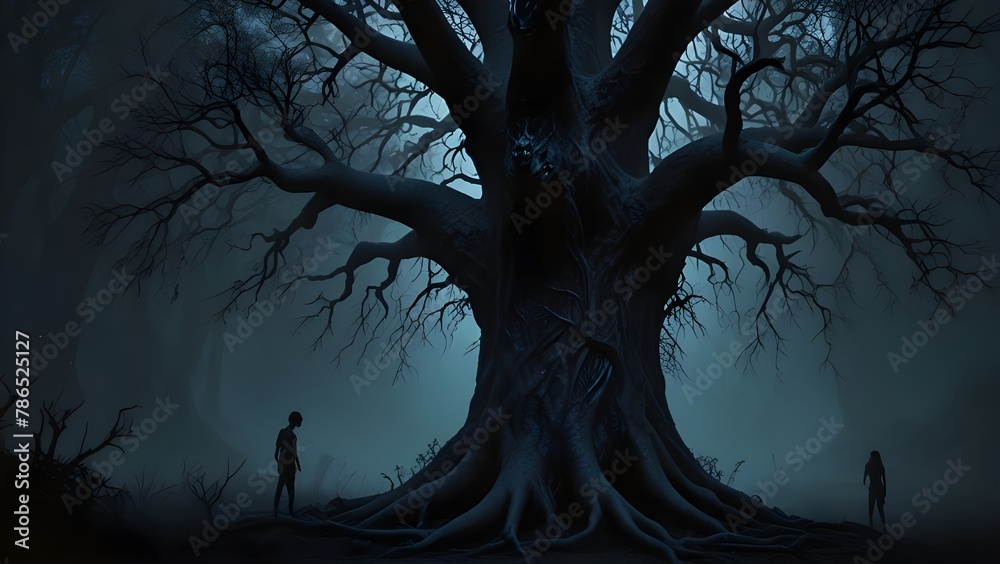Biblical tree of knowledge of good and evil. Dark tree in dark scenery ...