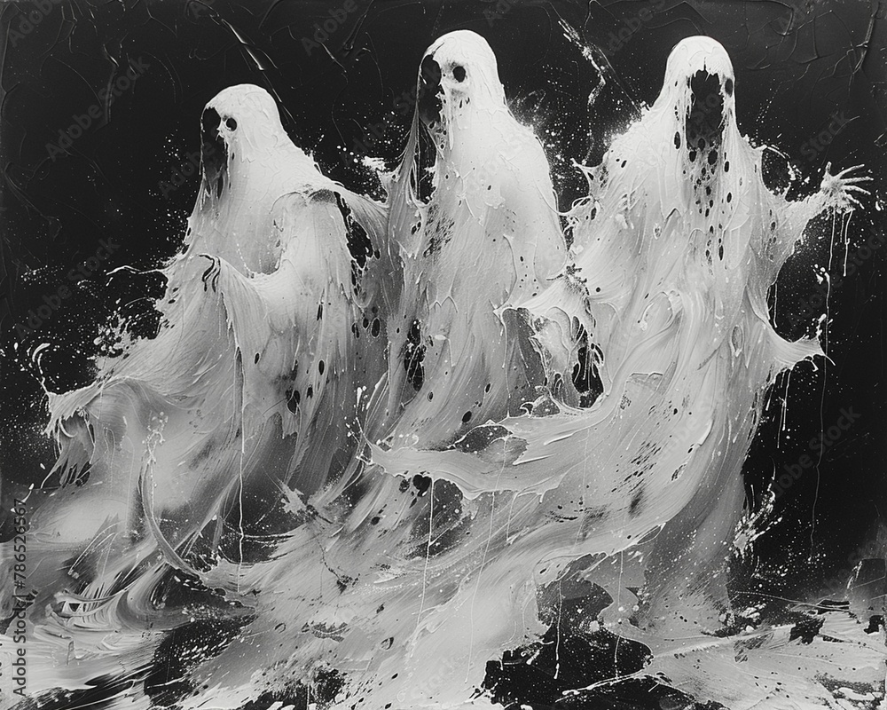 Ghost faces drawing, a parade of phantoms in a spectral waltz Stock ...