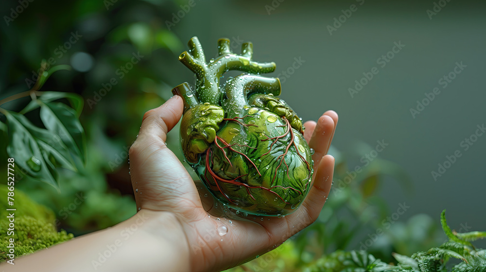 Human hand holding stylized anatomical green heart in dew on the ...