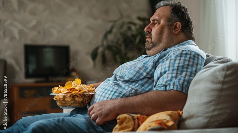 An overweight man is lounging on a couch, mindlessly eating a large bag ...
