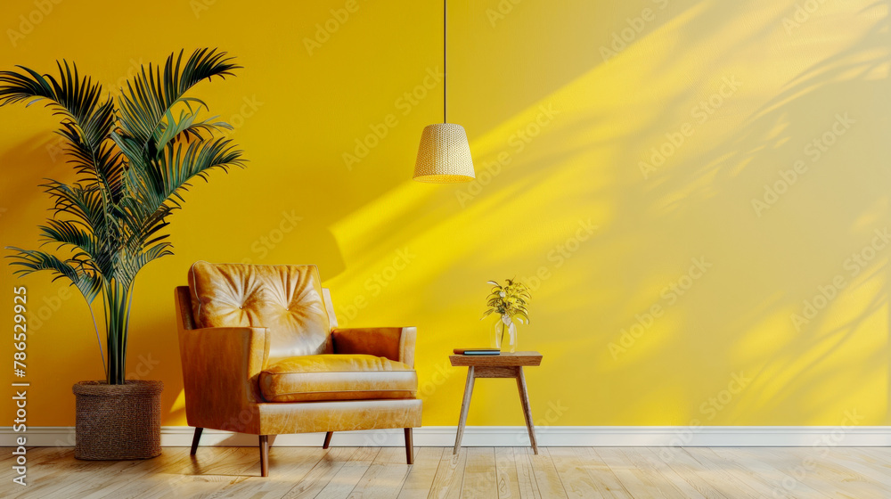 Minimalist interior design of pastel yellow room with leather armchair ...