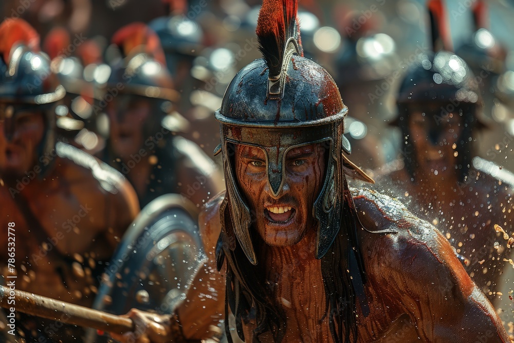 An intense scene depicting an ancient warrior in combat, displaying ...