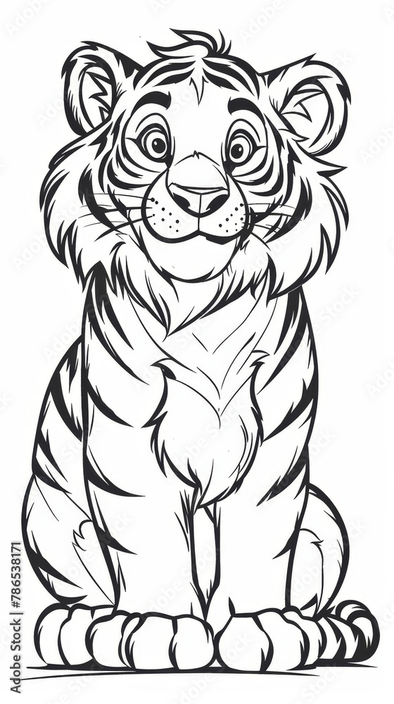 Animals (simple outlines): A coloring book page featuring a smiling tiger outline Stock ...