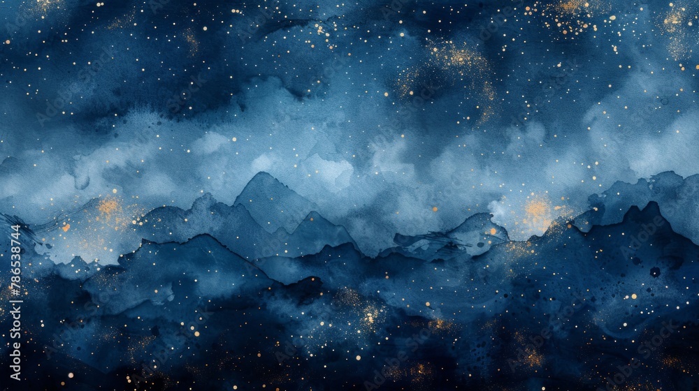 starry night sky, with deep indigo and black watercolor washes, dotted ...