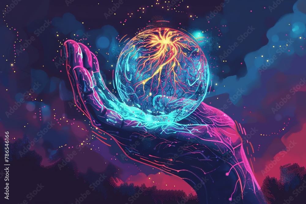 Picture an intricate fusion of a human hand holding a glowing ...