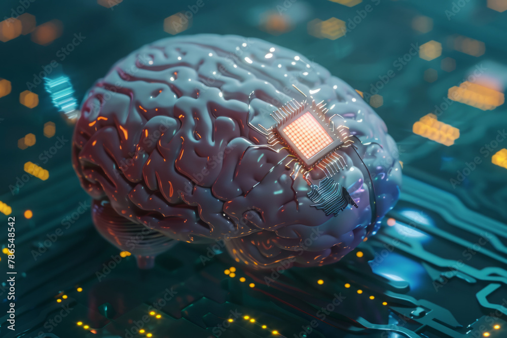 Human brain with implanted chip implanted, Neural connection to ...