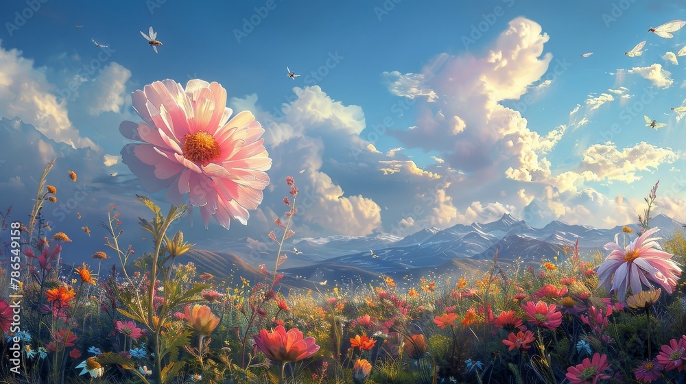 Exaggerated scale in a garden of giant flowers, people the size of ...