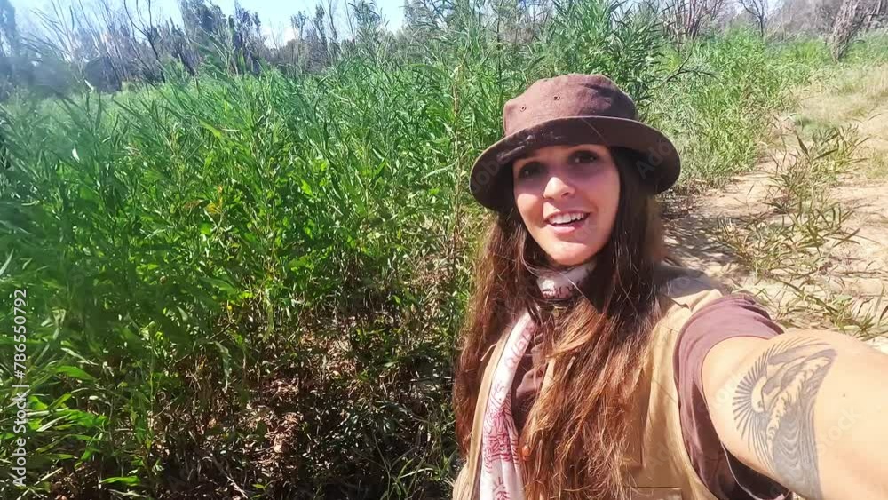 Face, vlogging and live streaming with woman, talking and eco travel ...