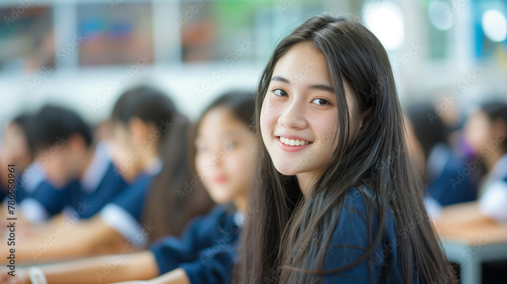 A beautiful female student look like Thai student sitting in the ...