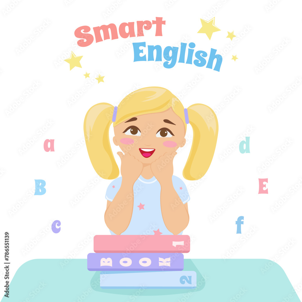 Girl with books, learning, smiling, studying English. Vector cartoon ...