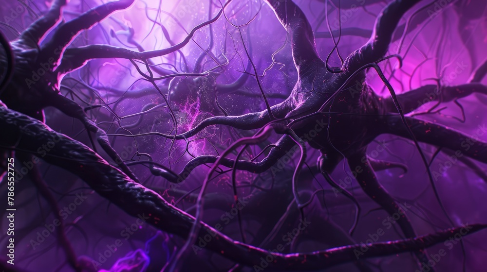Digital illustration of neural network synapses with glowing ...