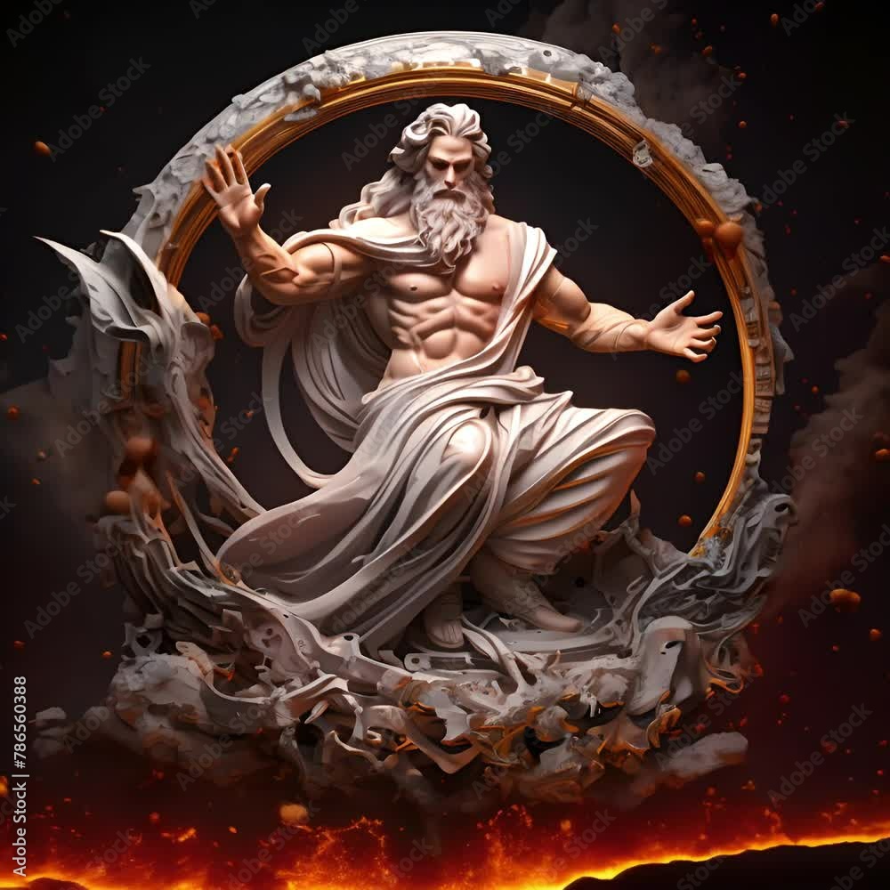 A muscular Zeus with long white beard in a contrapposto pose, standing ...