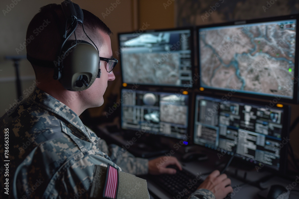 military surveillance officer analyzing data feeds from unmanned aerial ...