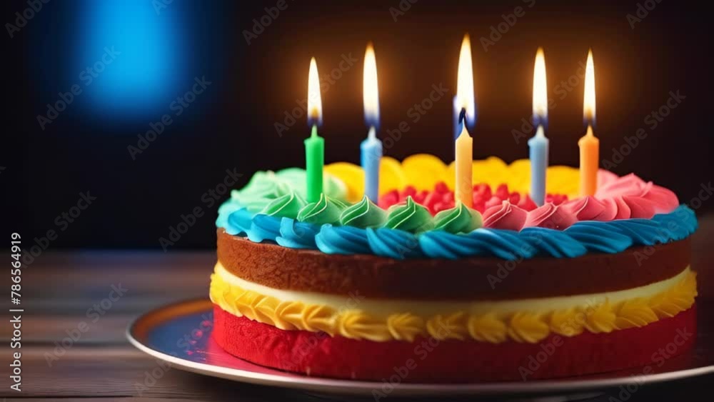 Rainbow cake closeup rotation. LGBT rainbow cake with candles. Birthday ...