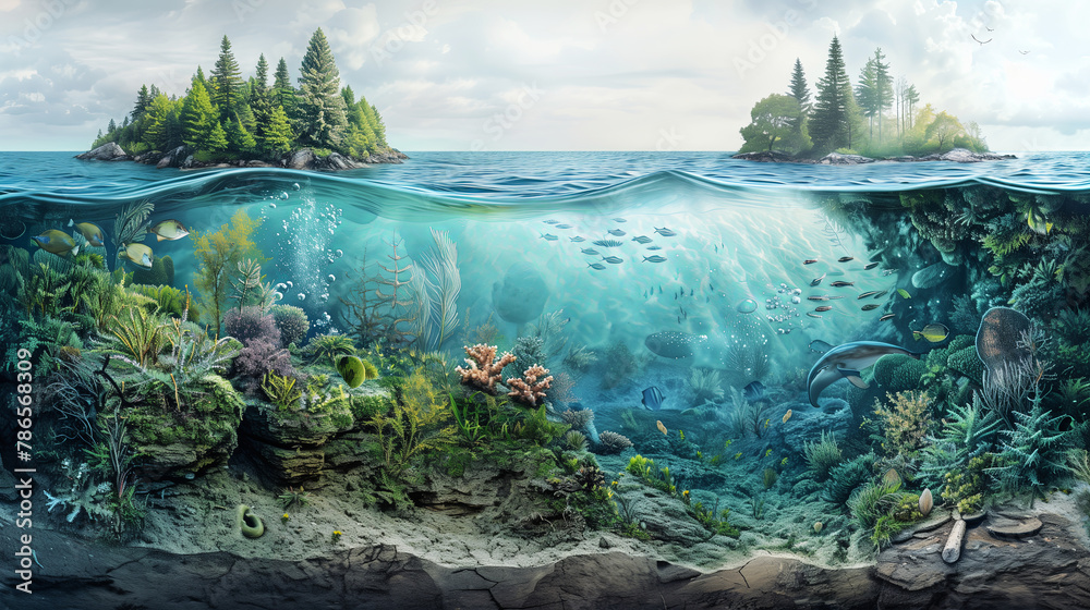 Split view of a small island with dense forest above water and a lively ...