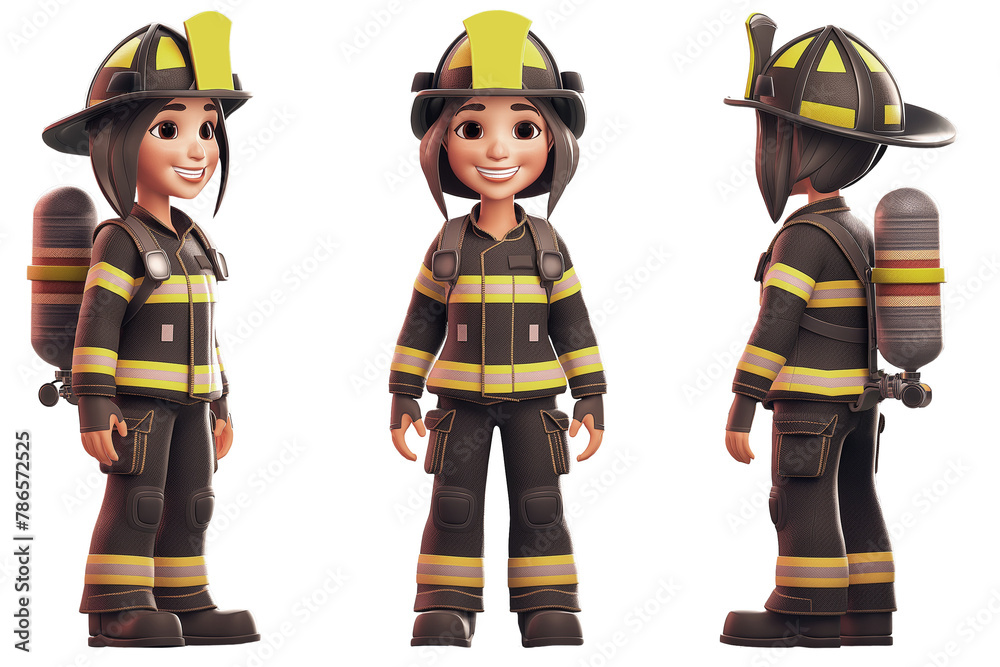Set of 3D smiling, happy woman, female firefighter in uniform ...