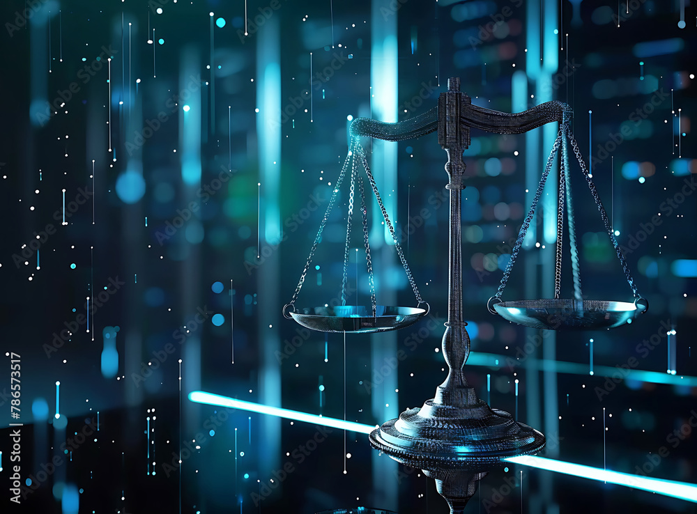 Law scales on background of data center. Digital law concept of duality ...