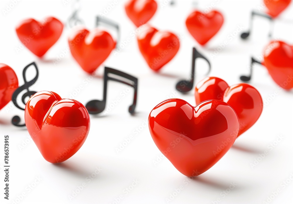 3D red heart shapes with music notes, white background, high resolution ...