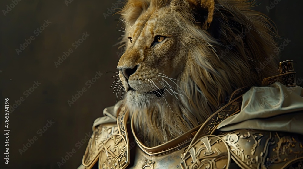 Lion in knight costume, cavalier, medieval theme, mane. Mascot, wild ...