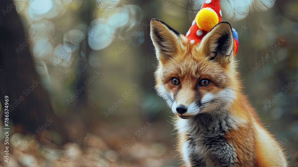 Fox dressed in clown costume, zoo mascot, close-up. The fox smiles, she ...