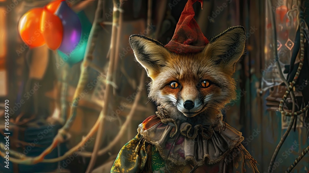 Fox dressed in clown costume, zoo mascot, close-up. The fox smiles, she ...