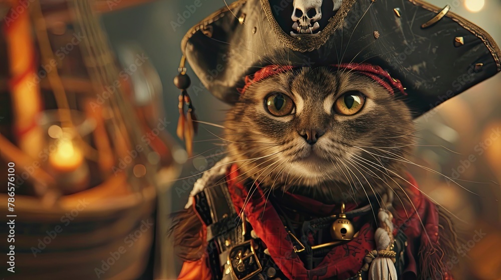 Cat in pirate costume. Mascot, man little friend, pet, close-up ...