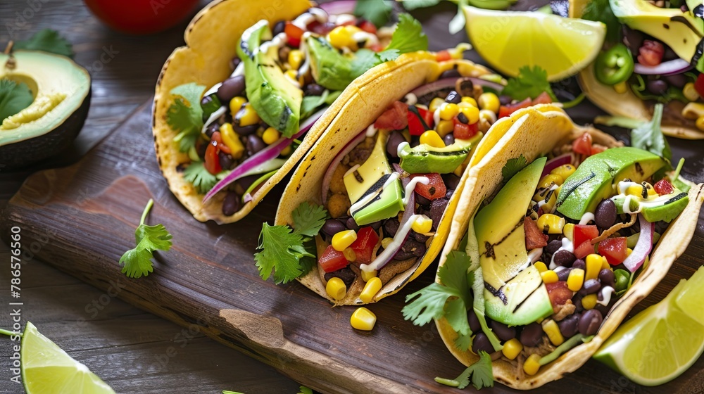 Veggie tacos filled with seasoned black beans corn and avocado ...
