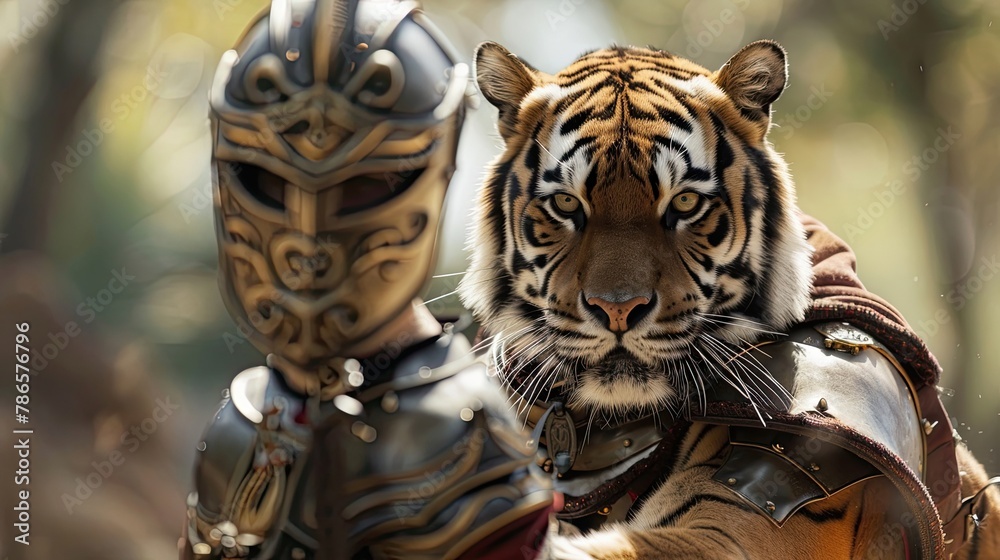 Tiger in a knight costume, cavalier, medieval theme, mane. Mascot, wild ...