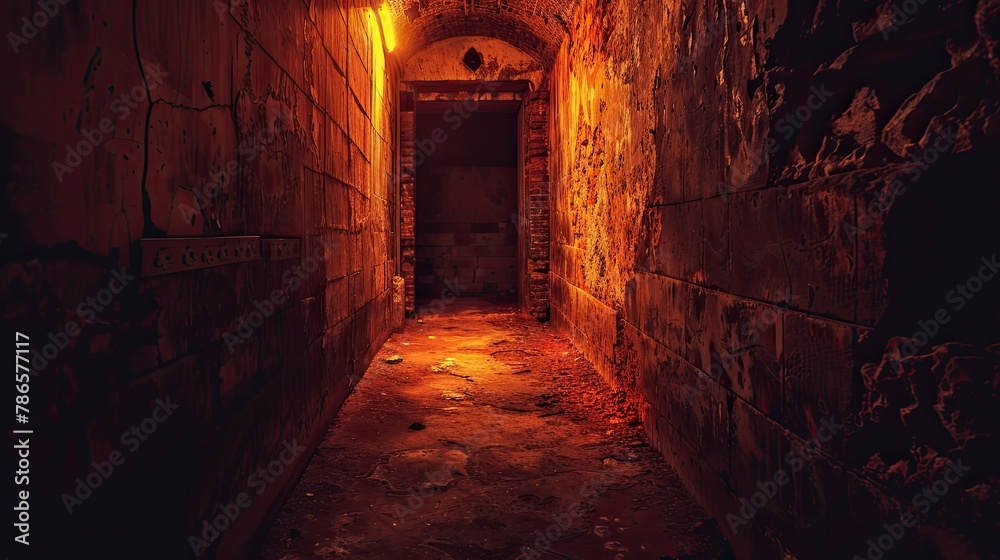 Subterranean torture chamber illuminated by flickering torch. Gloomy ...