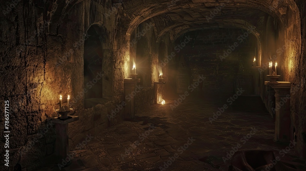Subterranean torture chamber illuminated by flickering torch. Gloomy ...