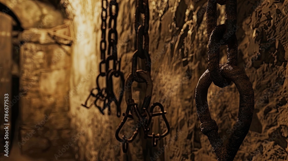 Rusty iron shackles hanging from the walls of a medieval prison ...
