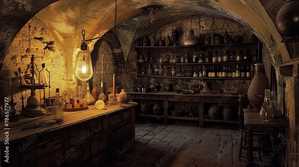 Medieval laboratory, apartment for alchemy, experiments. Deep ...