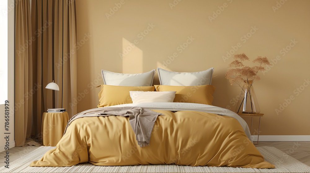 Bedroom in light beige color - ivory or pale yellow mustard with an ...