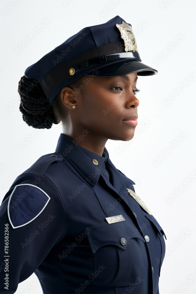 Pretty young black African american policewoman officer in blue uniform ...