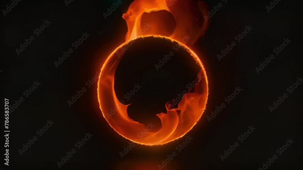Empty circular frame with fire flames on dark background. Slow motion ...