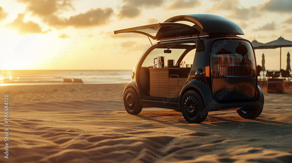 A compact mini car used as a mobile coffee cart, parked at a beach ...