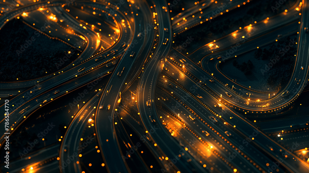 A bird's-eye view of an intricate network of roads and traffic lights ...