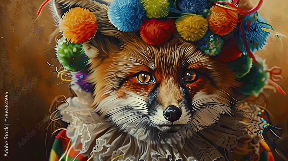 Fox dressed in clown costume, zoo mascot, close-up. The fox smiles, she ...