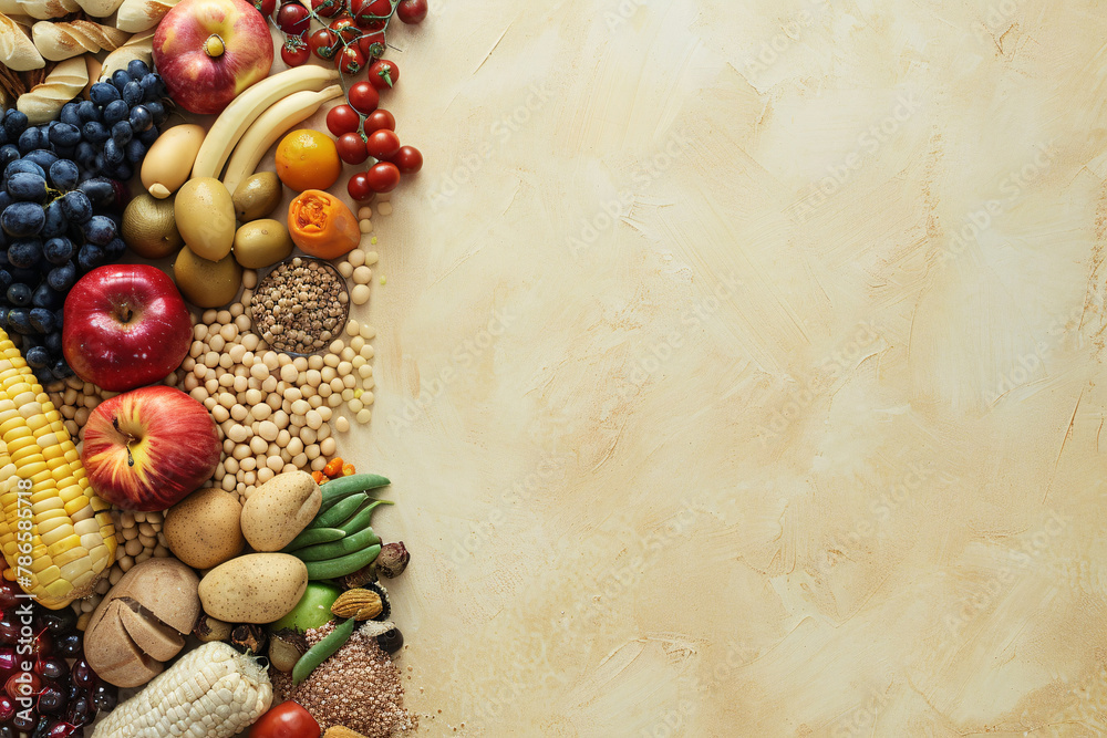 Abstract food background with ingredients such as fruits vegetables and ...