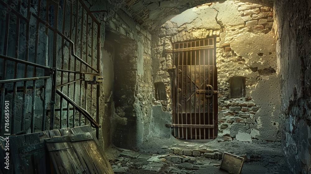 Decrepit dungeon cell with crumbling walls and an iron-bound. Gloomy ...