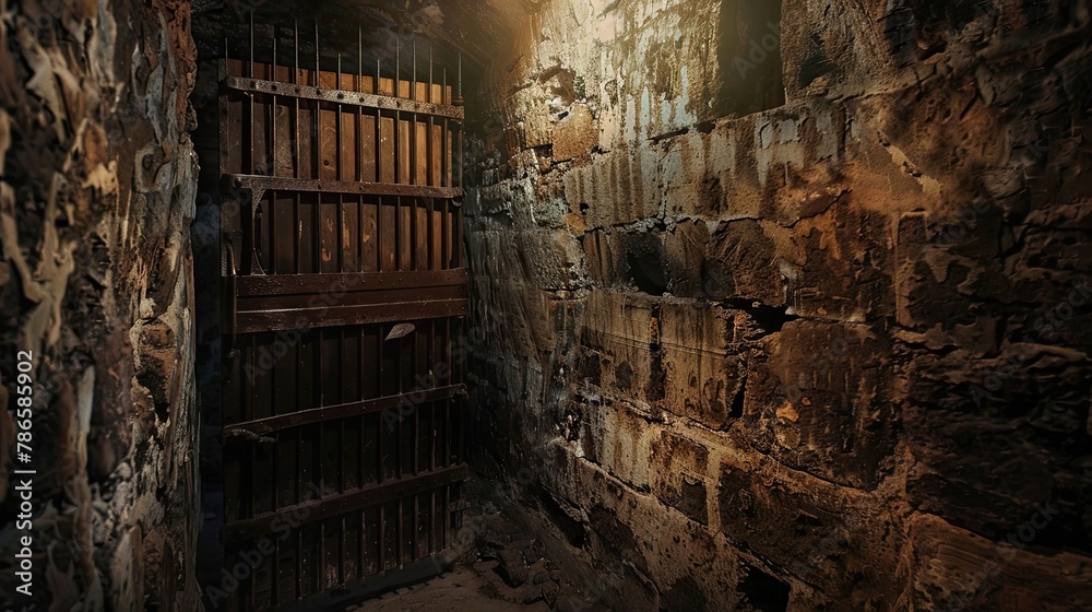 Decrepit dungeon cell with crumbling walls and an iron-bound. Gloomy ...