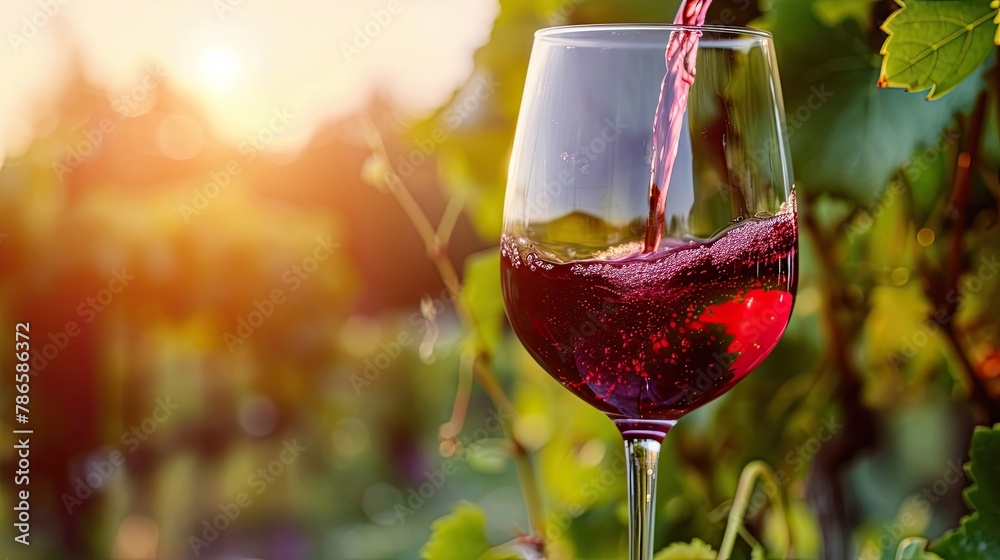 Goblet of wine against background of field of grapes, sunset, soft ...