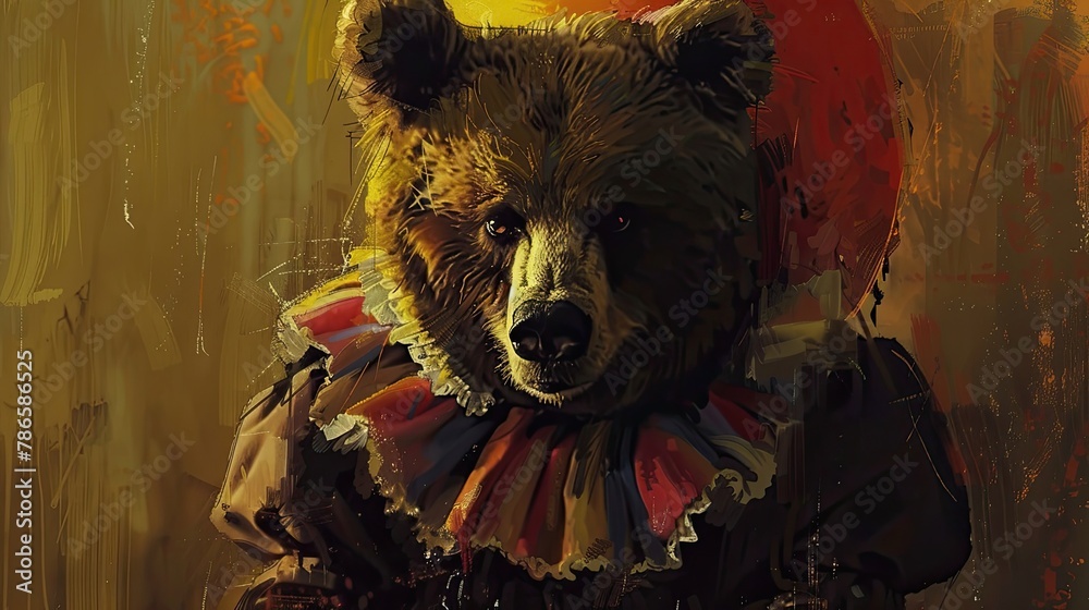 Bear in a clown costume. Mascot, wild animal, zoo, close-up, animal in ...