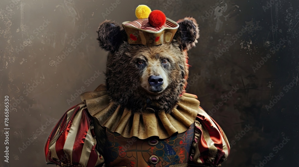 Bear in a clown costume. Mascot, wild animal, zoo, close-up, animal in ...