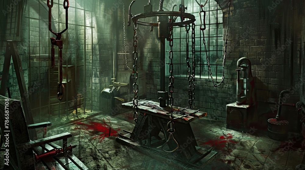 Torture chamber with an iron maiden and other gruesome device, chains ...
