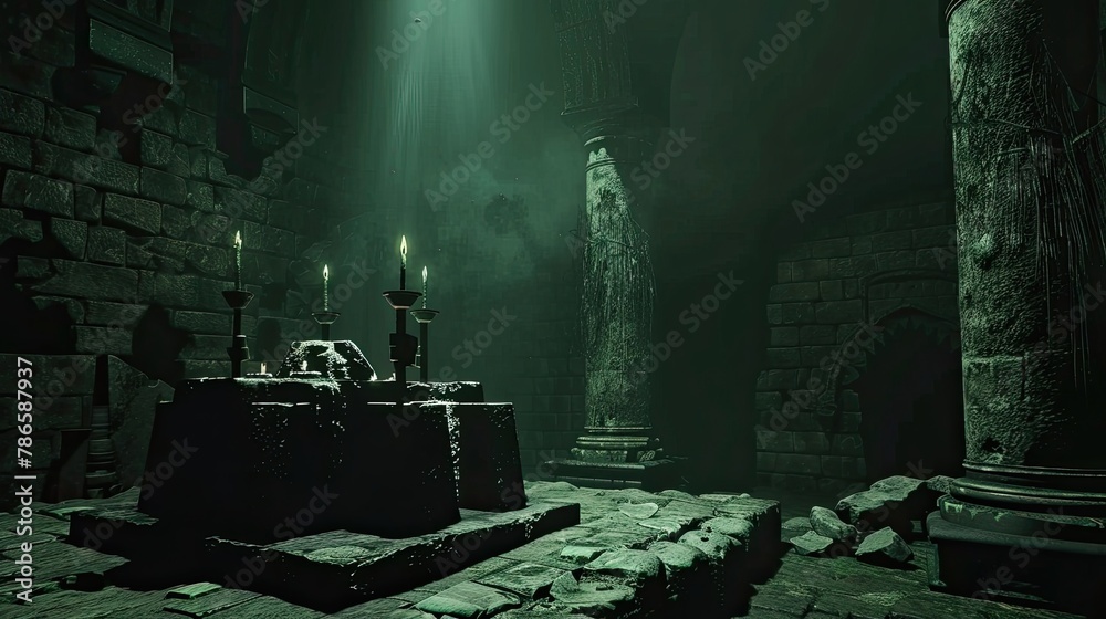 Sinister sacrificial altar in the depths of an ancient dungeon. Ruins ...