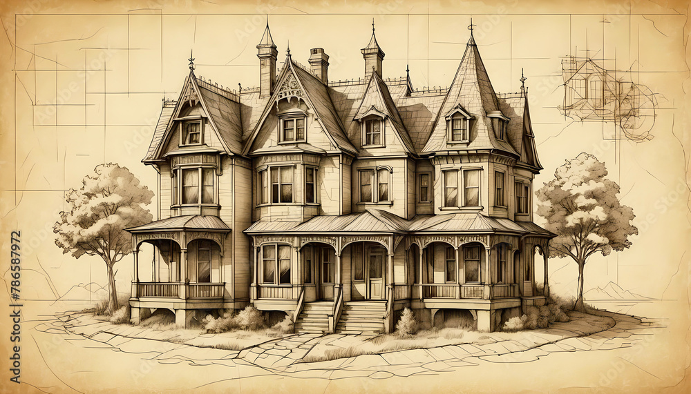 simple pencil sketch architects plan construction drawing blueprint of ...