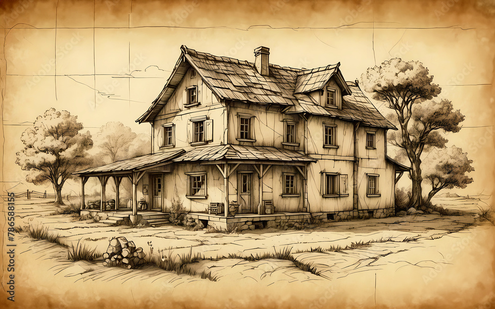 simple pencil sketch architects plan construction drawing blueprint of ...